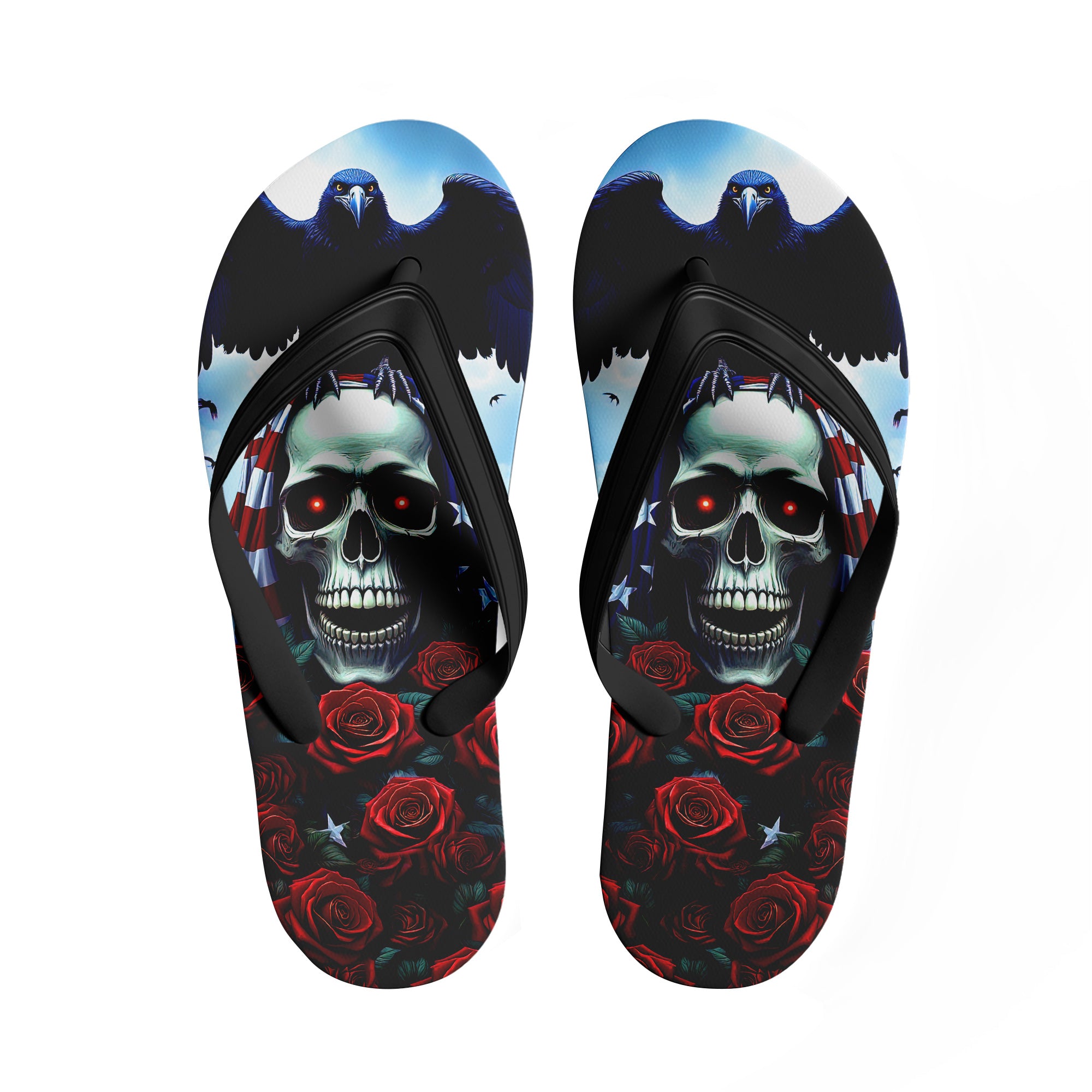 Toponepod Skull Raven Flip Flops | Custom Red Rose Gothic Sandals with