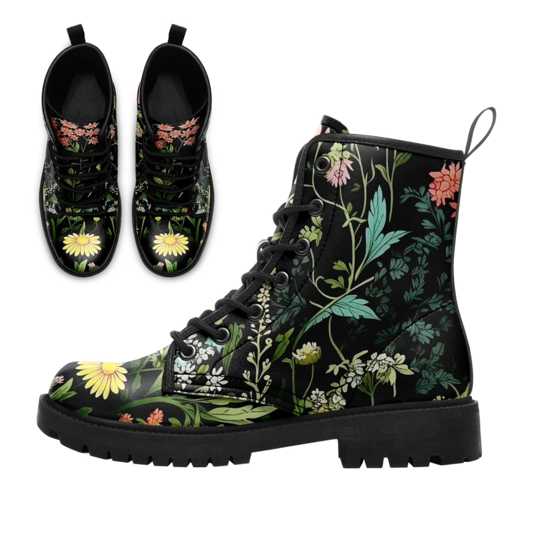 Dark Wildflower Meadow Combat Boots, Cottagecore Botanical Floral Prin
